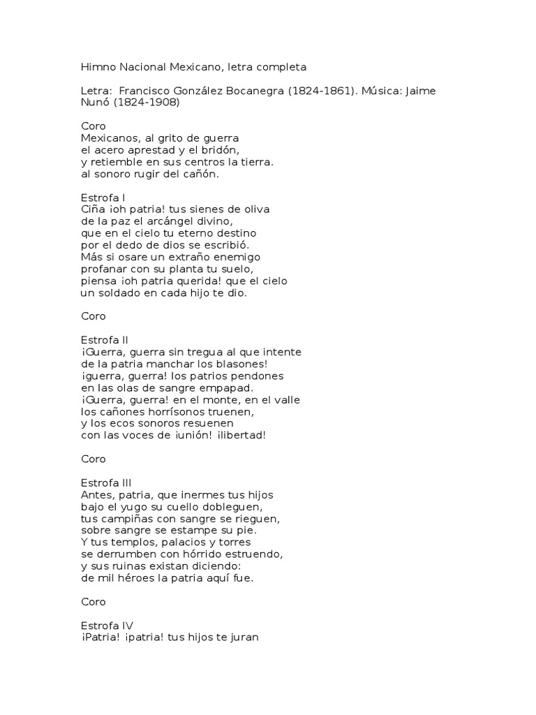 Himno Nacional Mexicano: Letra completa con estrofas y coro del himno nacional de México | PDF