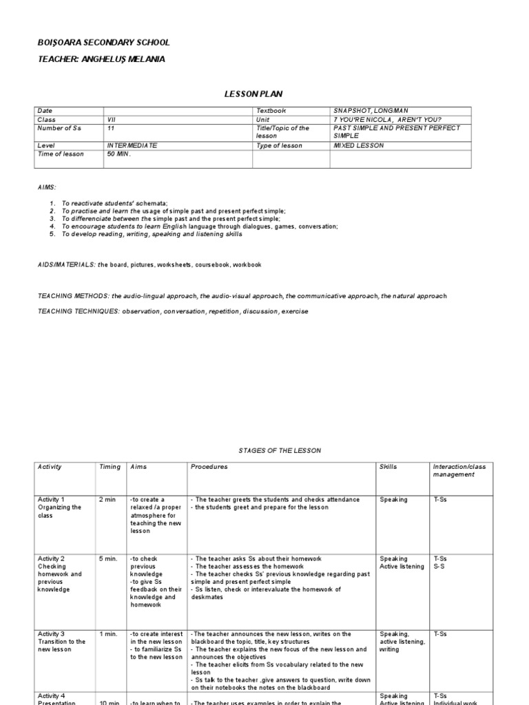Lesson Plan Past Simple Vs Present Perfect Simple | PDF | Lesson Plan ...