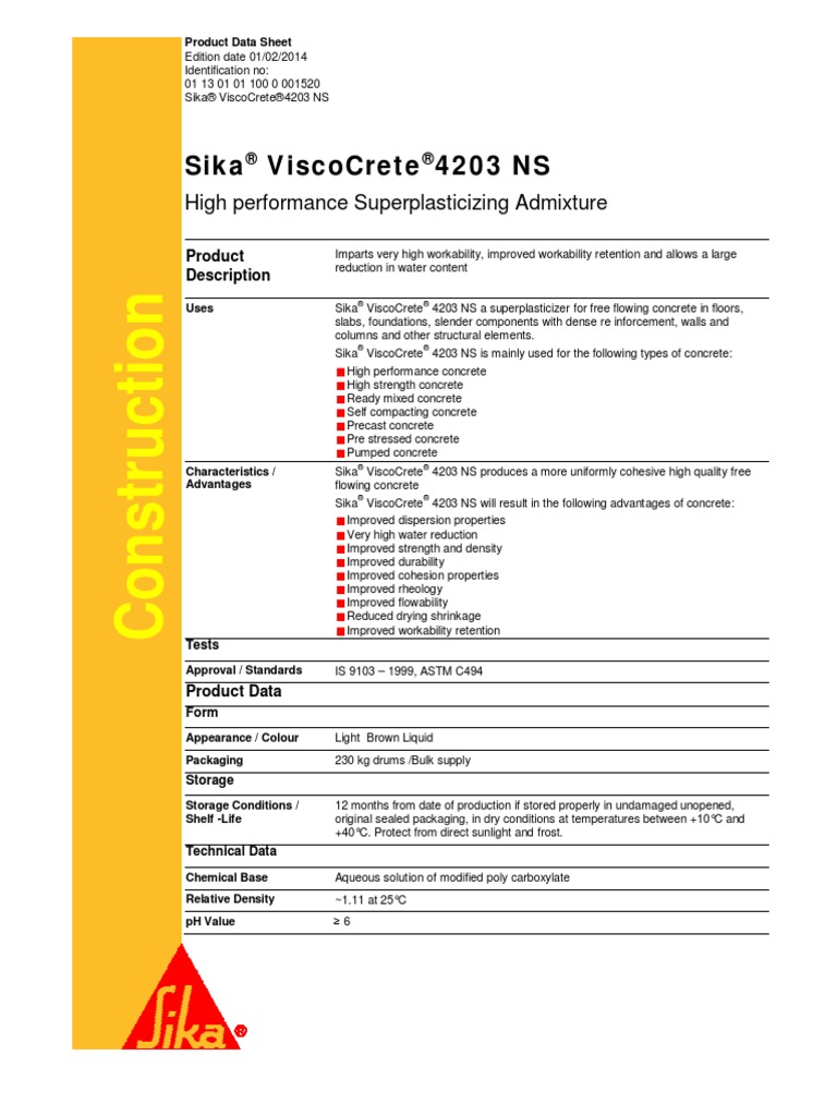 Sika ViscoCrete 4203 NS | Concrete | Chemistry