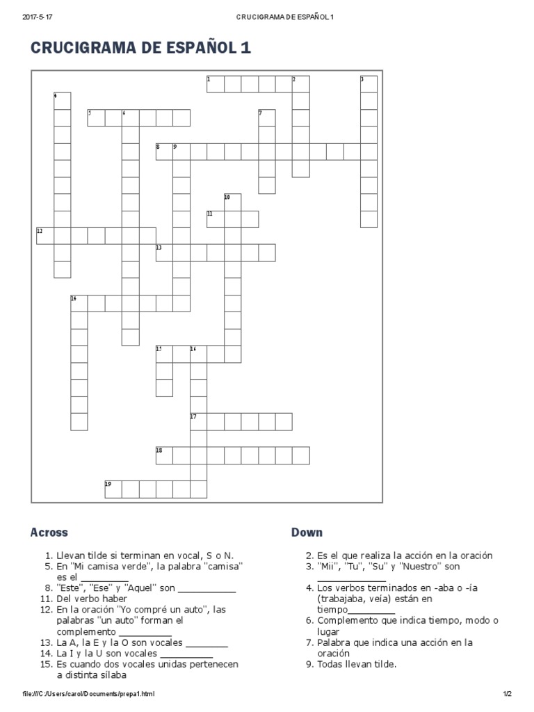 Crucigrama de Español 1 | PDF | Lingüística | Ajedrez