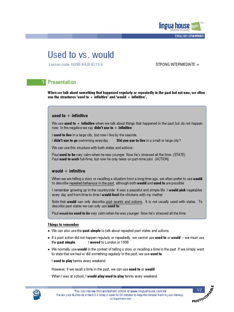 Used To Vs Would | PDF | Grammar | Syntax