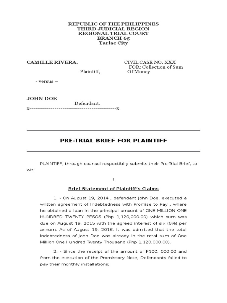 Pre Trial Brief Plaintiff Civ | Lawsuit | Plaintiff