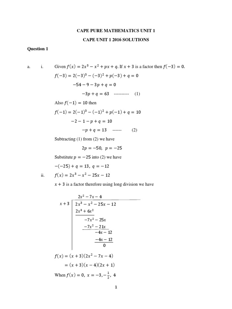 Cape Pure Maths Unit 1 Solutions 2011-2016 PDF | Circle | Geometry