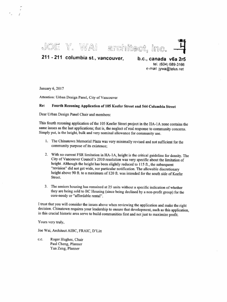 Joe Wai 105 Keefer Rezoning Opposition Letter | PDF