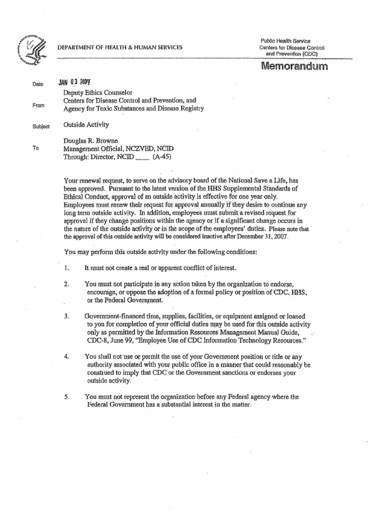 1/3/07 CDC Letter Approving Douglas R. Browne To Serve On Save-A-Life ...