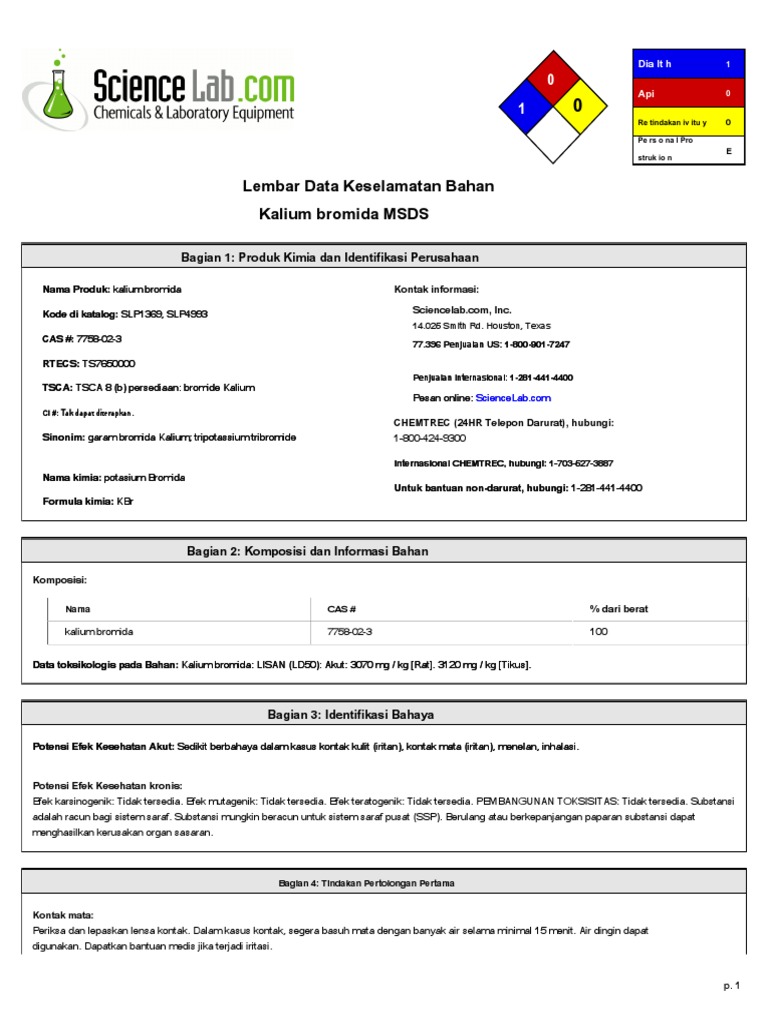 Lembar Data Keselamatan Bahan Kalium Bromida MSDS: Bagian 1: Produk ...