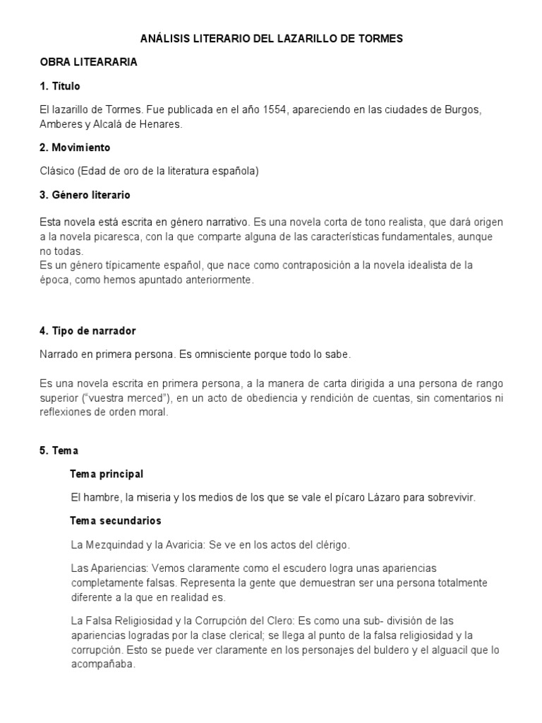 Análisis Literario Del Lazarillo de Tormes | PDF | Novelas
