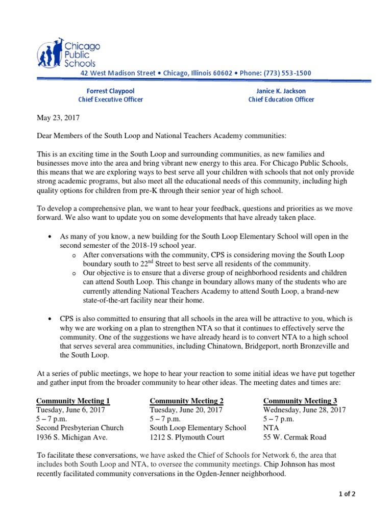 CPS Letter to South Loop and NTA parents | Schools | Further Education