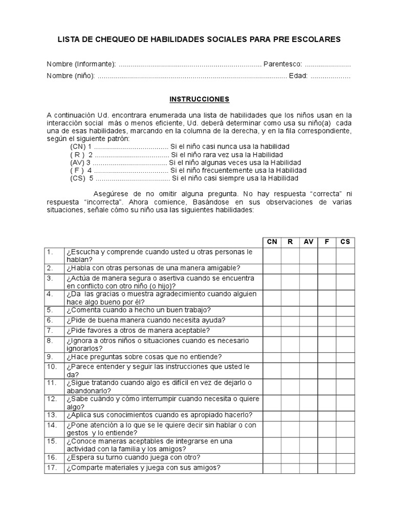 Lista de Chequeo de Habilidades Sociales Preescolar | Ira | Jardín de ...
