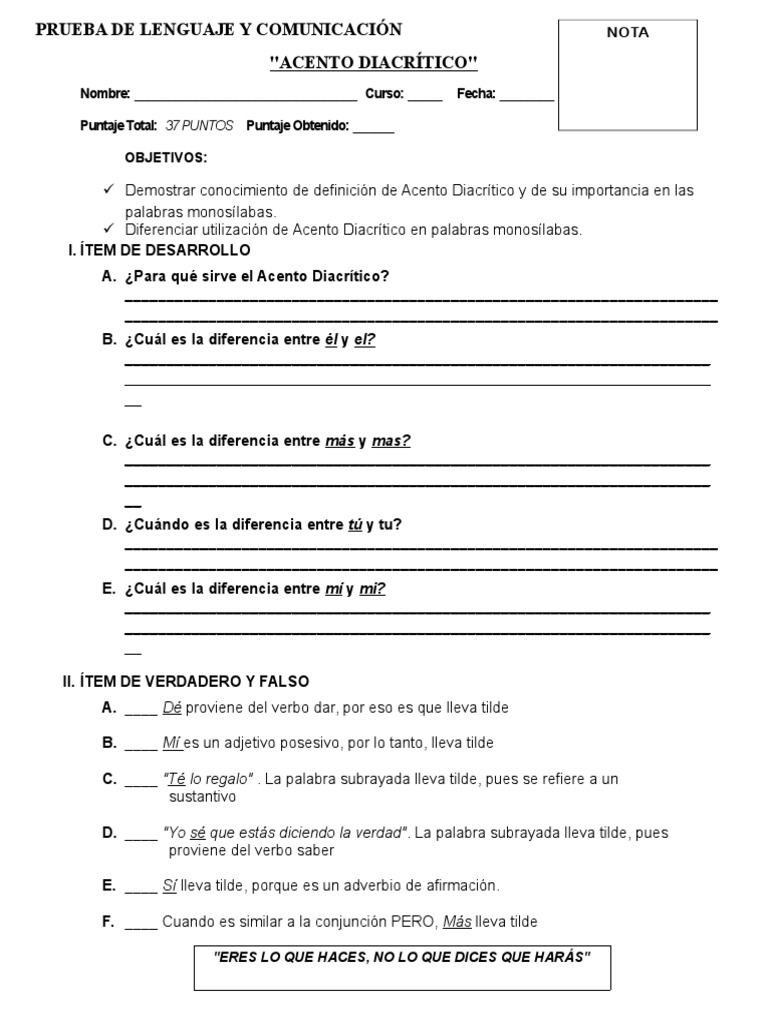 Prueba de Acento Diacrítico | PDF | Palabra | Semiótica
