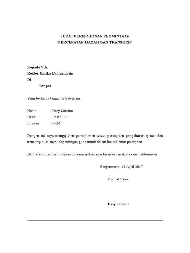 Contoh Surat Permohonan Percepatan Ijazah | PDF