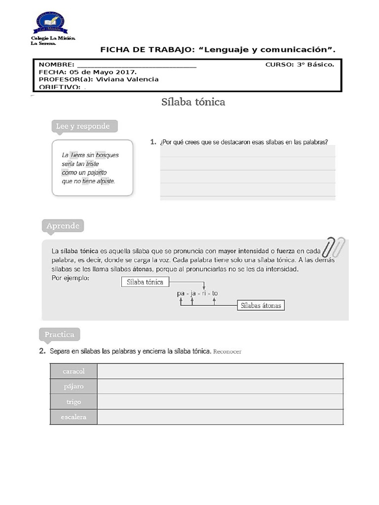Ficha de Trabajo Silaba Tonica | PDF