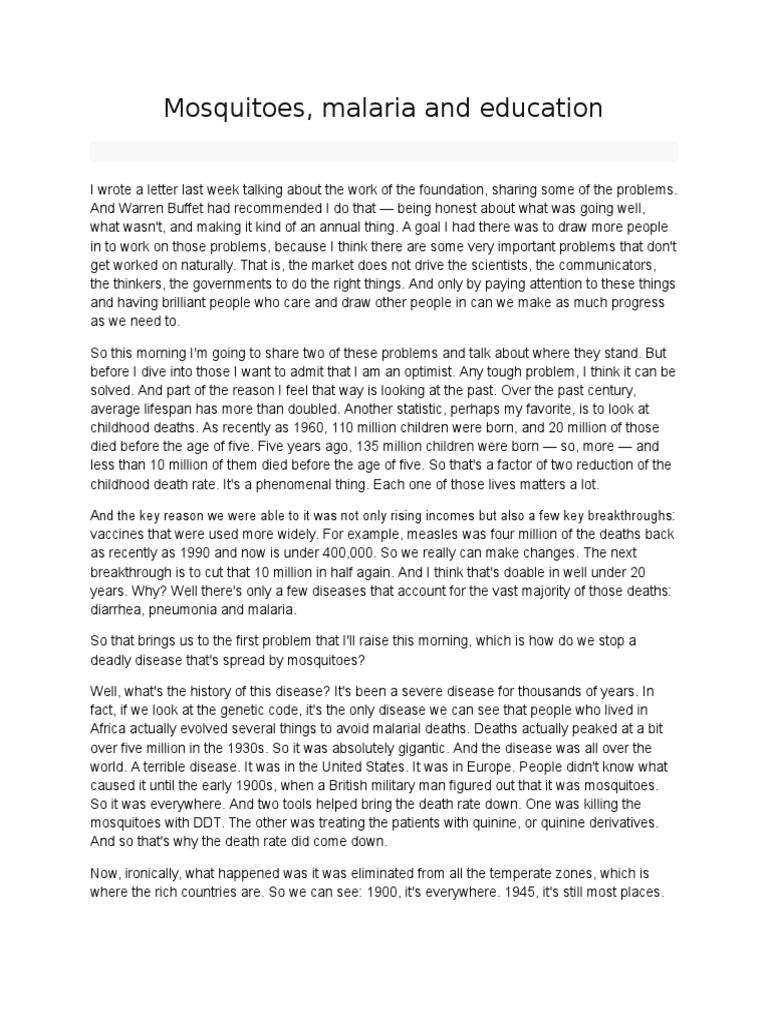 Mosquitoes, Malaria and Education | PDF | Malaria | Wellness