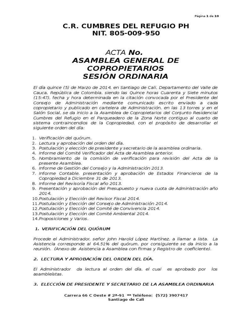 Modelo Acta de Asamblea | PDF | Contador | Condominio