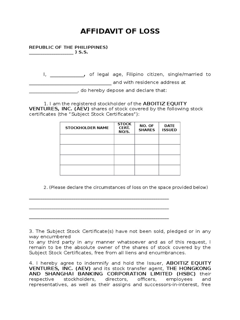 Affidavit for Lost Stock Certificate | PDF | Stocks | Private Law