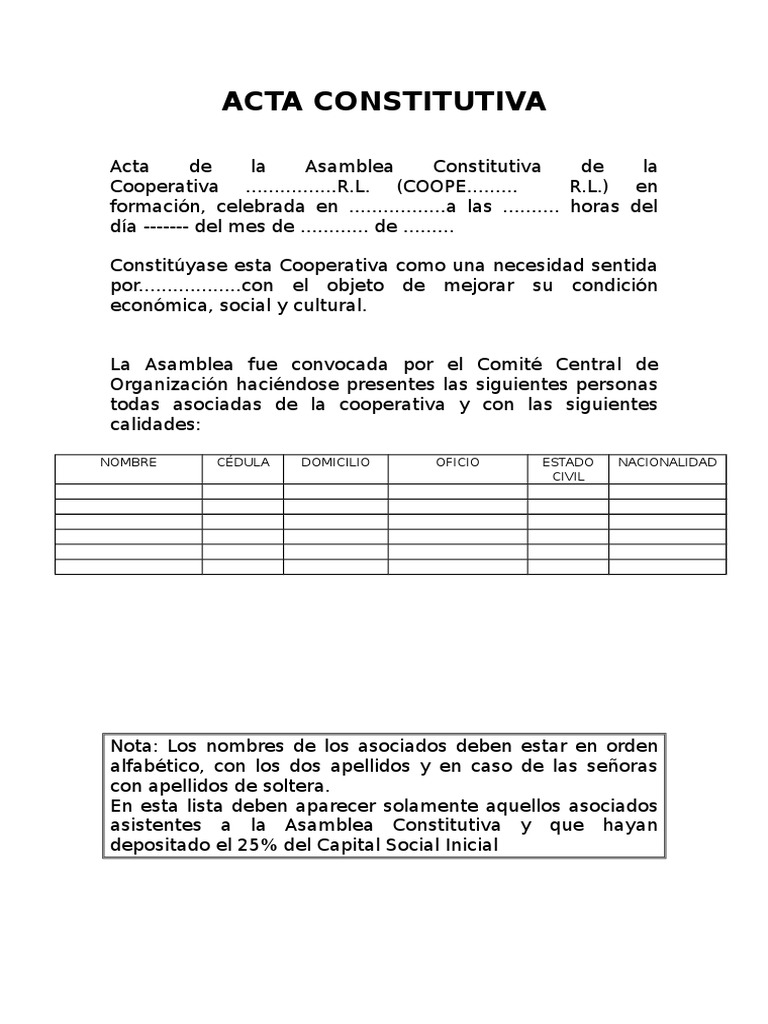 Machote Acta Constitutiva | Cooperativa | Quórum