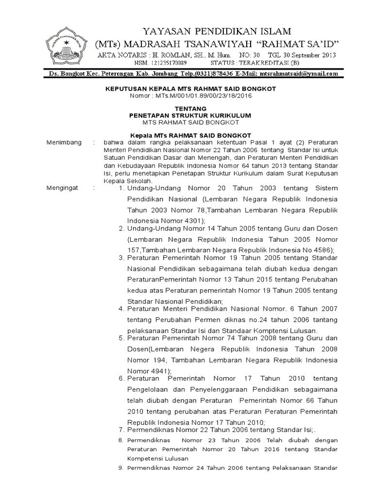 SK Pemberlakuan Kurikulum RASID | PDF