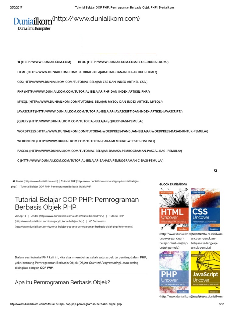 Tutorial Belajar OOP PHP - Pemrograman Berbasis Objek PHP - Duniailkom | PDF