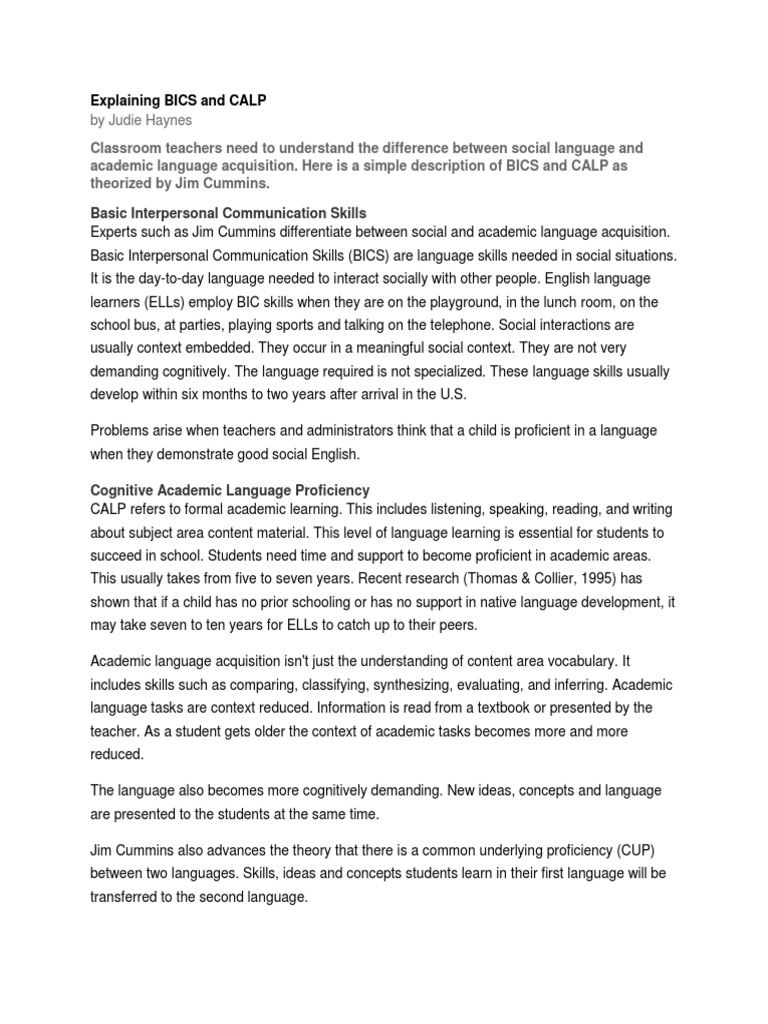 BICS vs. CALP: Understanding Language Acquisition | PDF