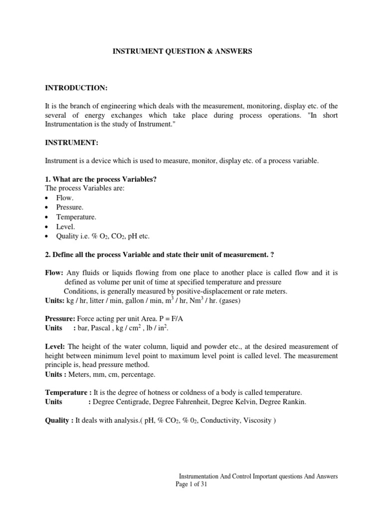 Instrumentation and Control Important Questions and Answers | PDF ...