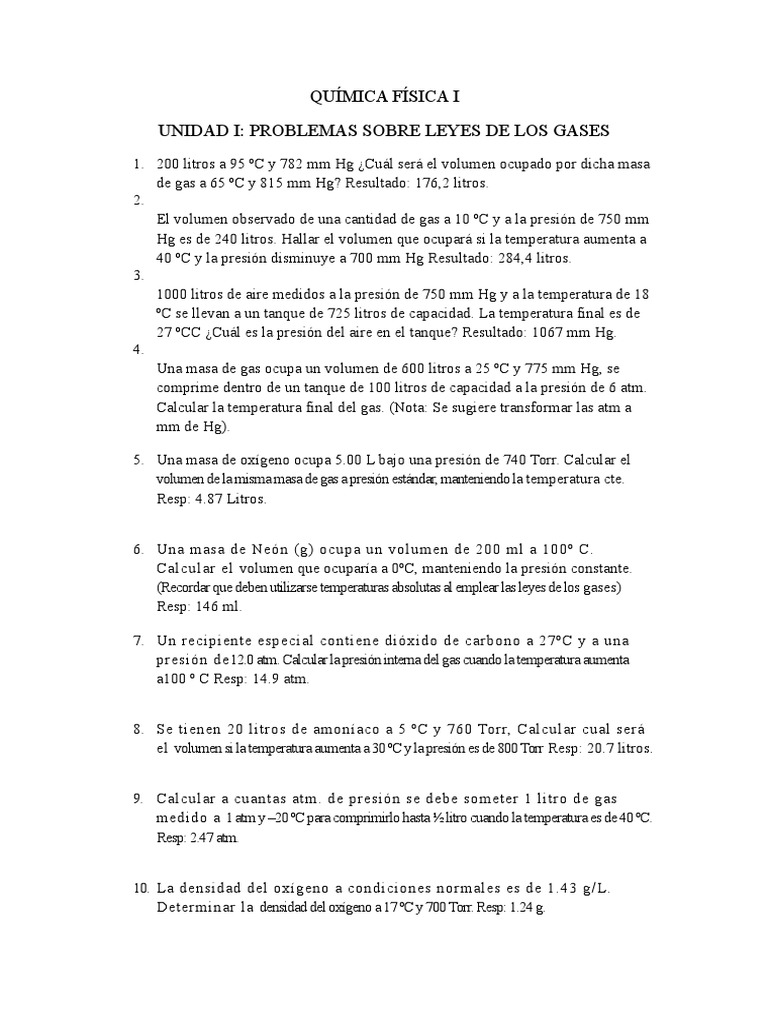 Problemas Leyes de Los Gases | PDF | Gases | Presión
