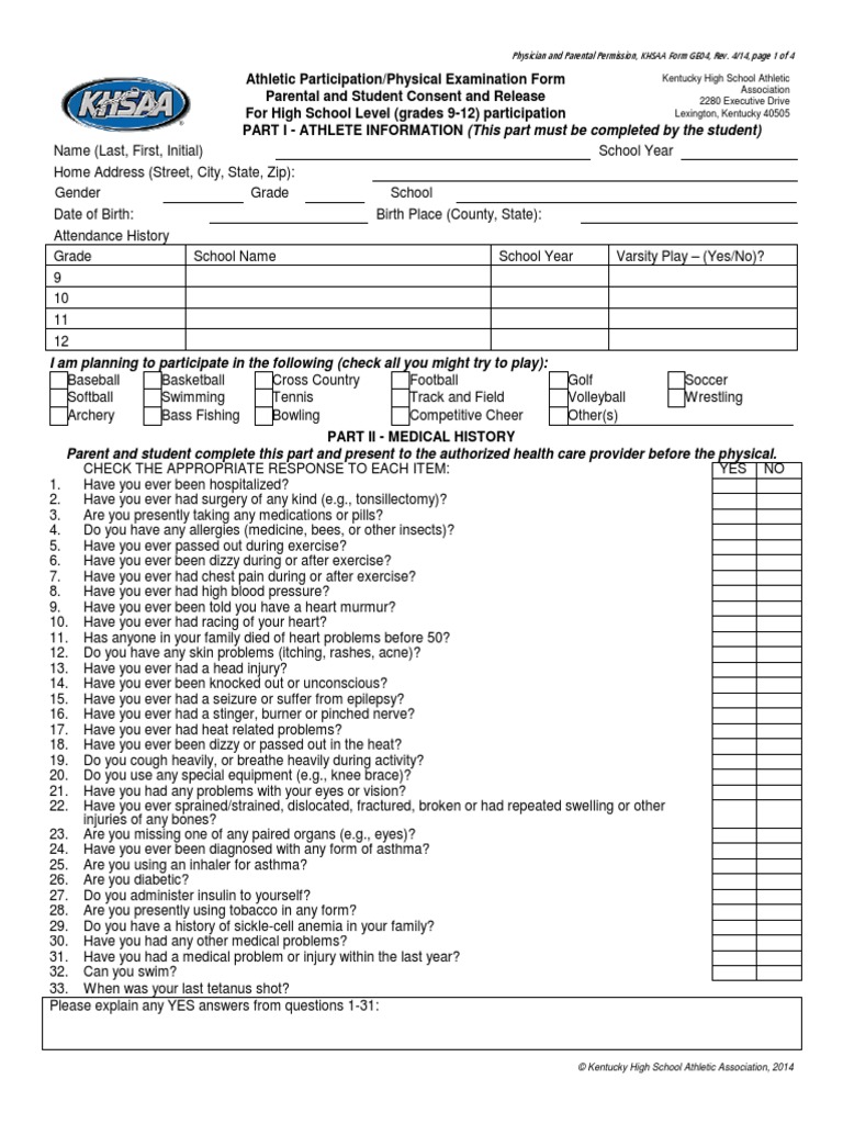 KHSAA Physical Form | Download Free PDF | Legal Guardian | Physical ...