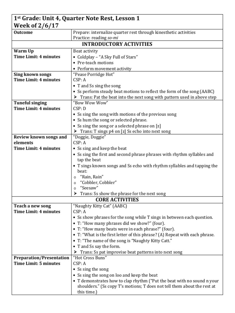 1 Grade: Unit 4, Quarter Note Rest, Lesson 1 Week of 2/6/17 | PDF ...