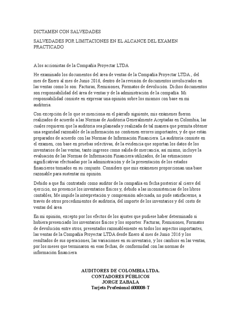 Informe de Auditoría con Salvedades | PDF | Auditoría financiera | Business