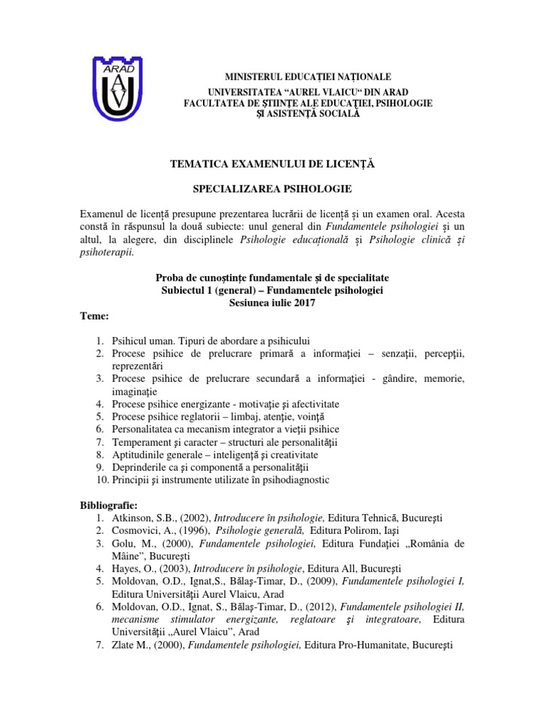 Tematica Examen Licenta Psihologie 2017 | PDF