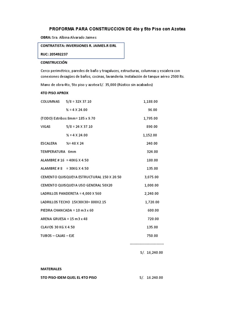 Proforma para Construccion 4to y 5to | PDF | Materiales de construcción ...