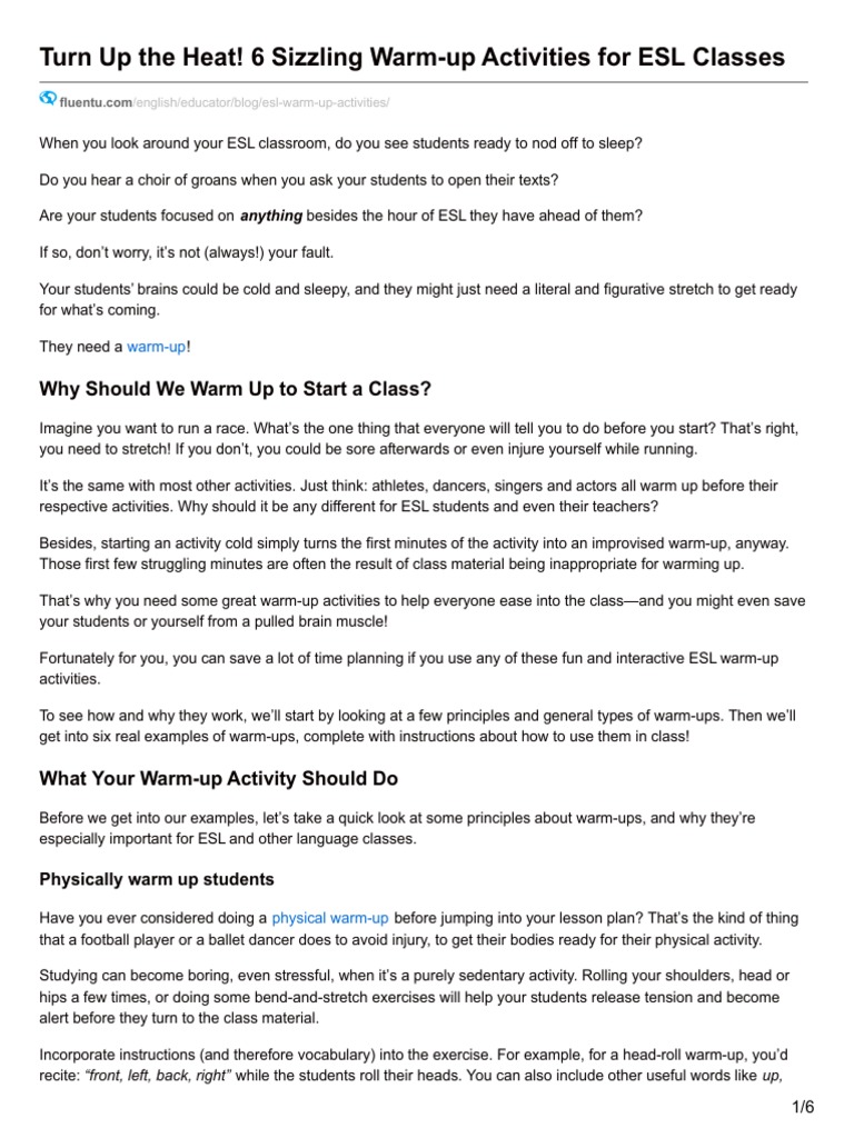 Turn Up The Heat 6 Sizzling Warm Up Activities For Esl Classes | PDF ...