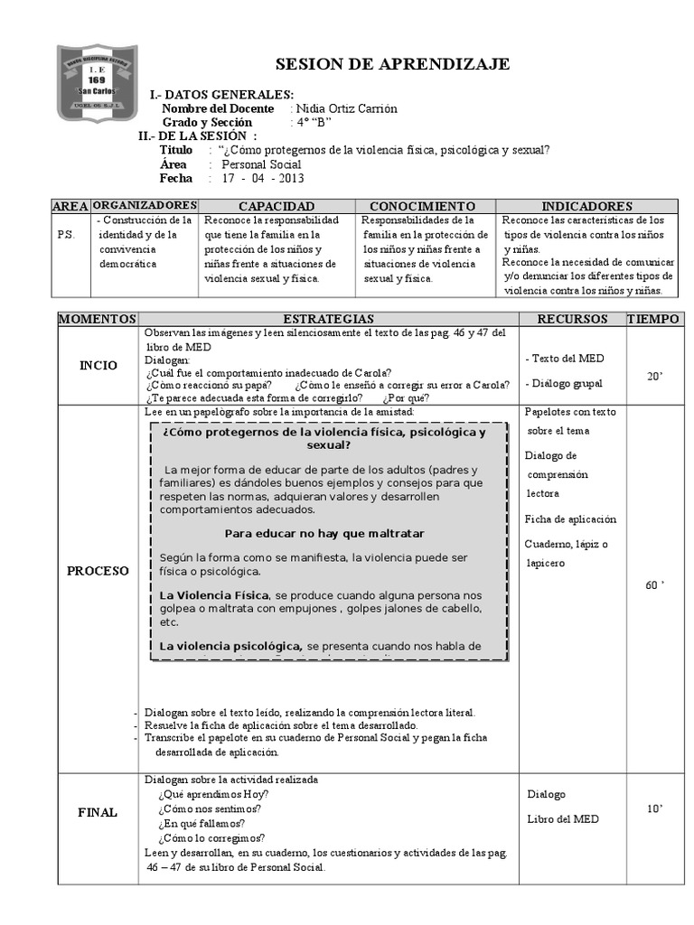 Sesion De Aprendizaje Nos Protegemos De La Violencia Pdf Abuso