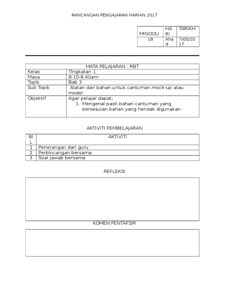 RPH RBT Tingkatan 1 | PDF