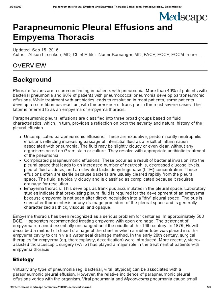 Parapneumonic Pleural Effusions and Empyema Thoracis - Background ...