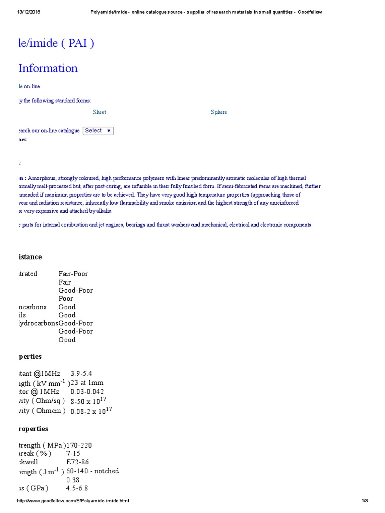 Polyamide/imide (PAI) Information | PDF | Electrical Resistivity And ...