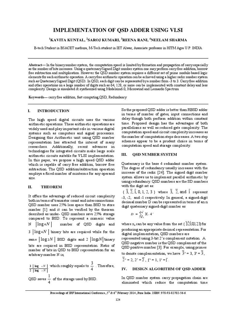 Implementation of QSD Adder Using Vlsi: Kavita Kuntal, Saroj Kumari, Reena Rani, Neelam Sharma ...