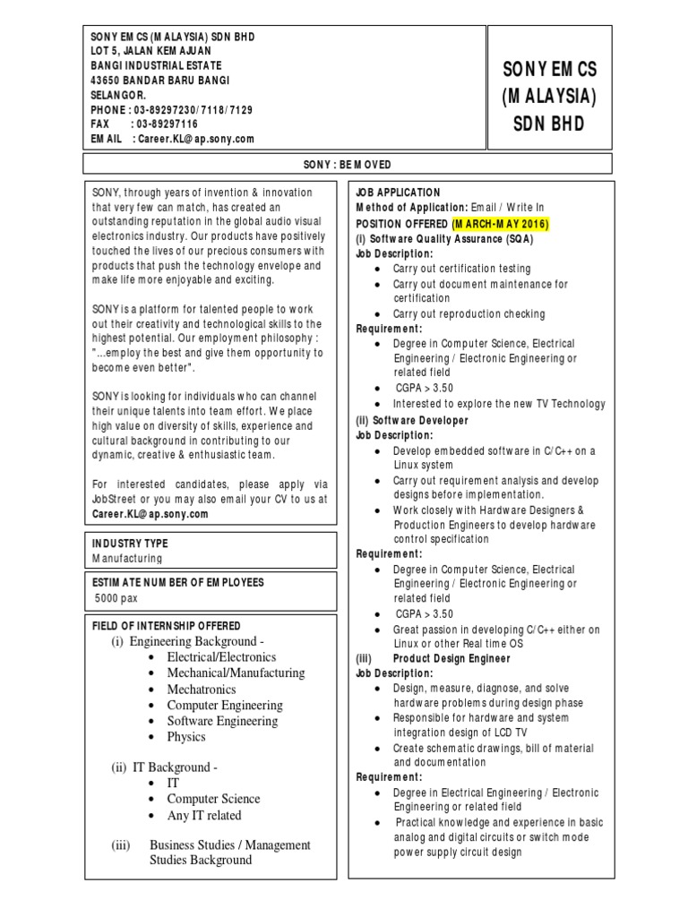SONY EMCS (MALAYSIA) SDN BHD Job Application Document Providing Details ...