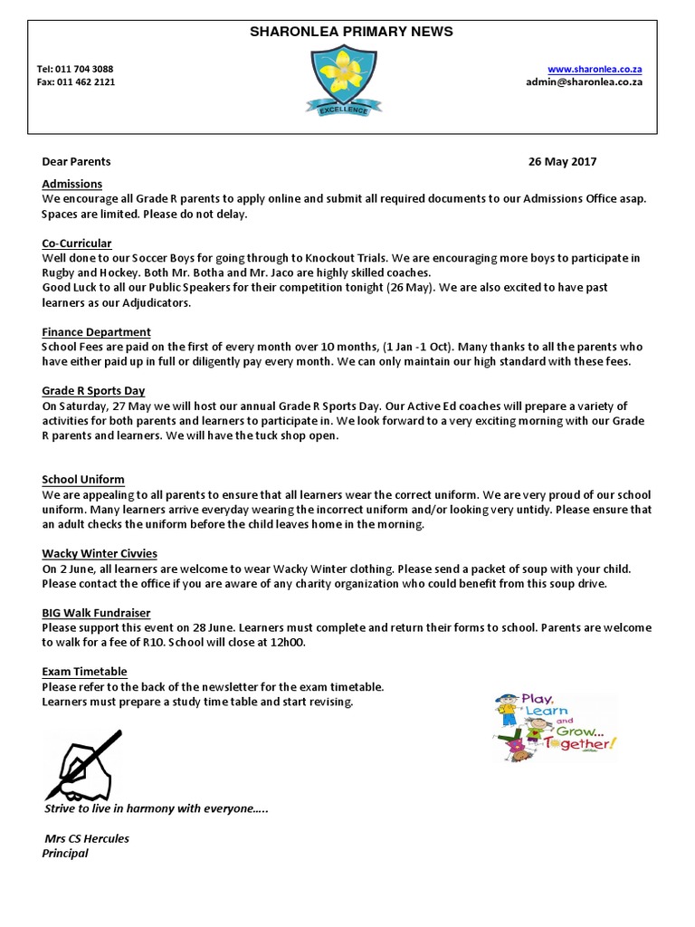Sharonlea Primary News: Tel: 011 704 3088 Fax: 011 462 2121 | PDF ...