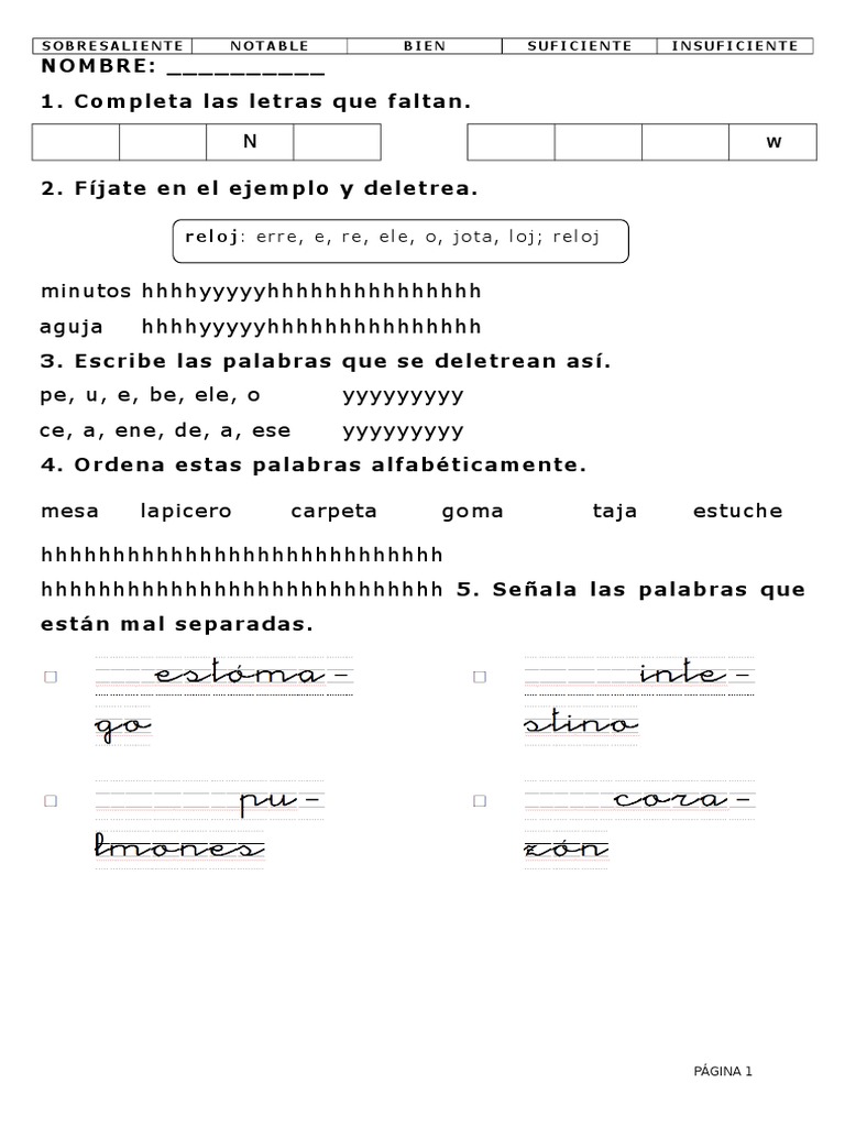 Examen Letras Sílabas Palabras