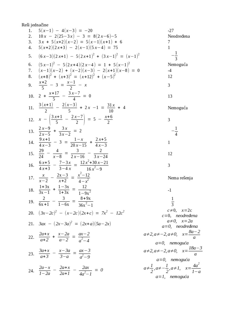 Linearne Jednacine - Zadaci | PDF