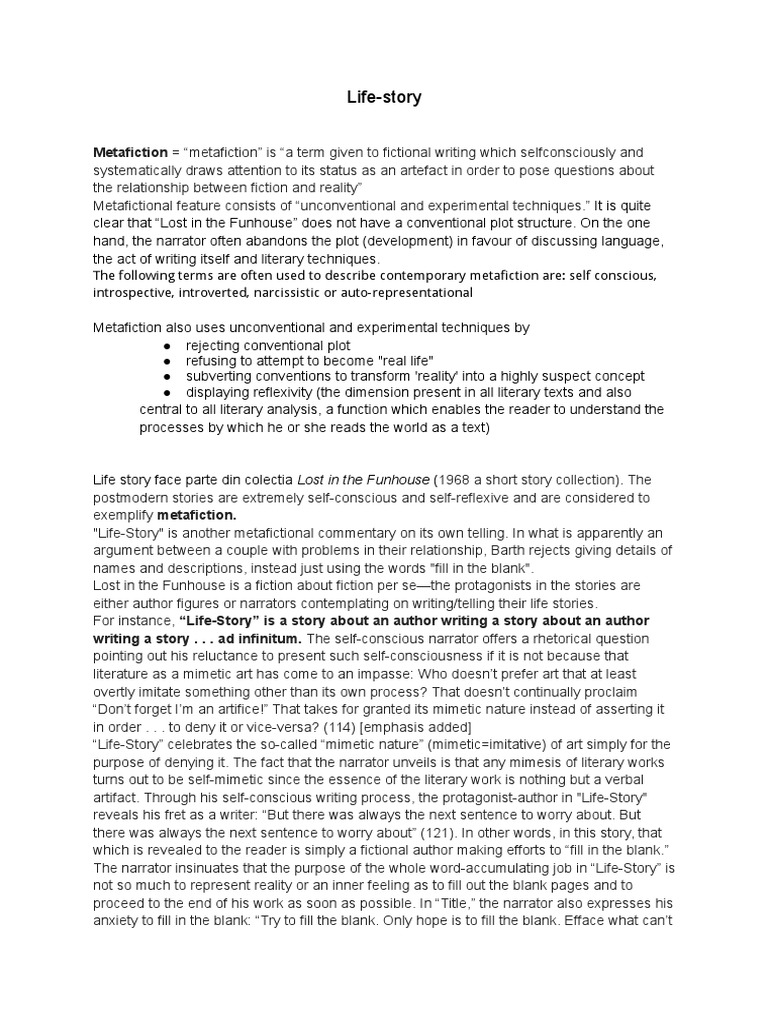 Life-Story: Metafiction "Metafiction" Is "A Term Given To Fictional ...