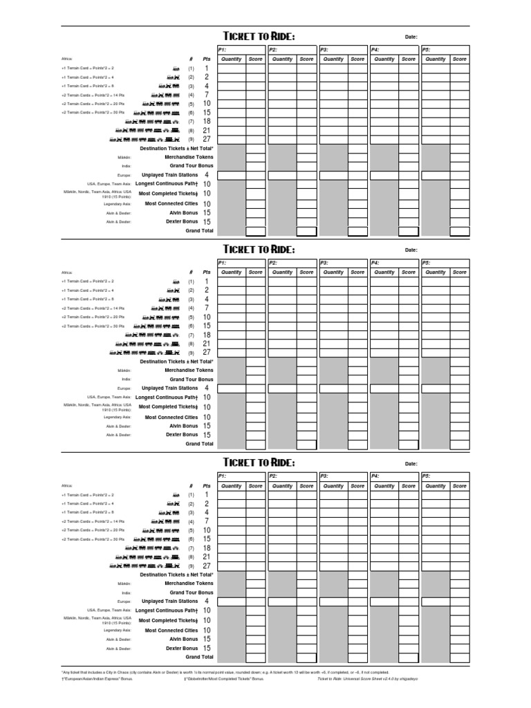 Ticket To Ride - Universal Score Sheet 2.4.0 | PDF | Leisure ...