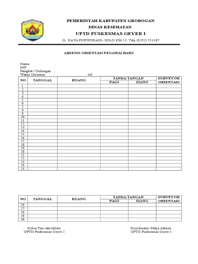 Absensi Orientasi Pegawai Baru Puskesmas Geyer | PDF