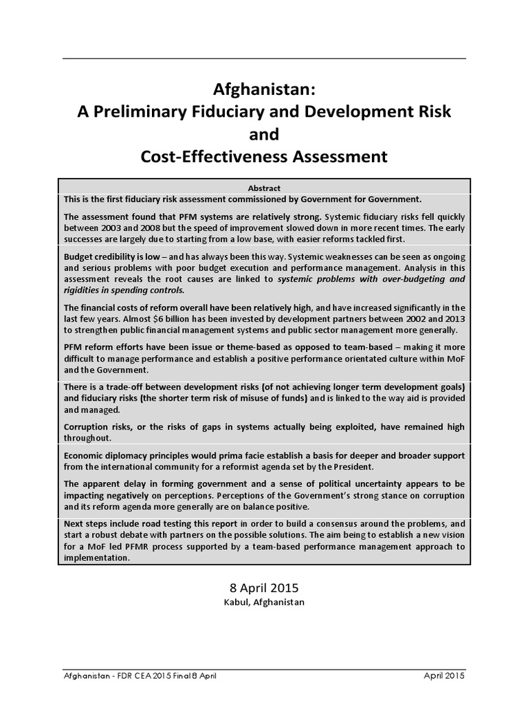 Afghanistan - A Preliminary Fiduciary, Development Risk and Cost ...