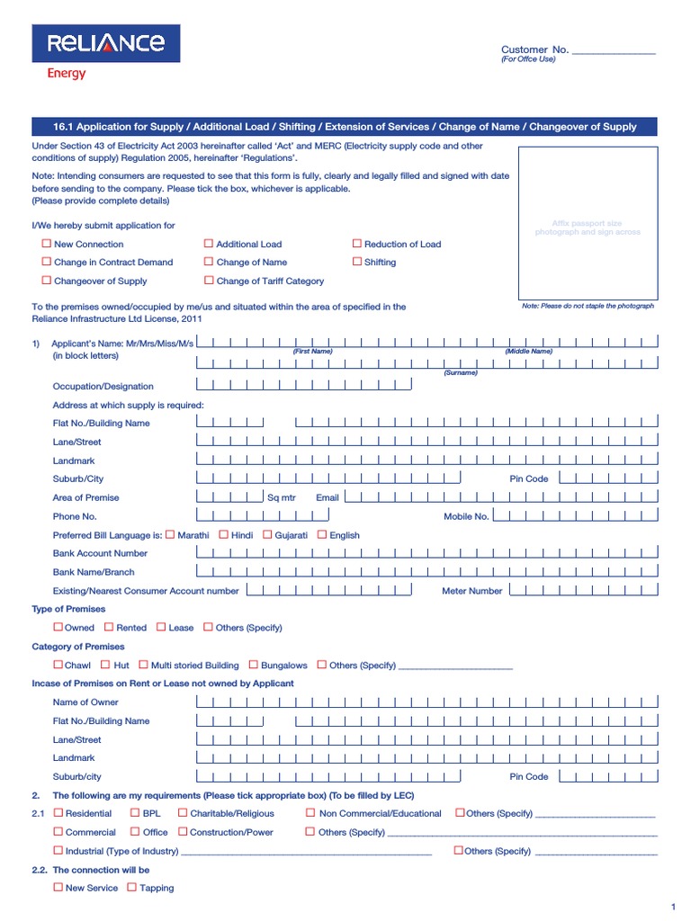 16.1 Application For Supply / Additional Load / Shifting / Extension of ...