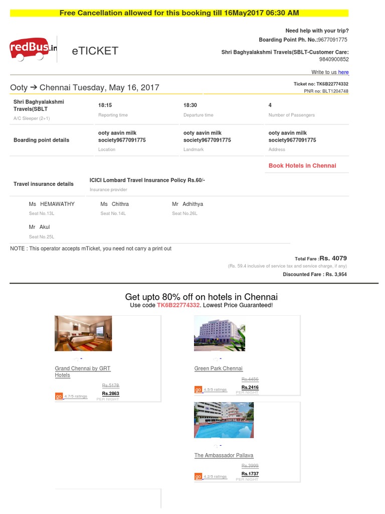 RedBus Ticket TK6B22774332 Ooty Chennai | Ticket (Admission) | Baggage