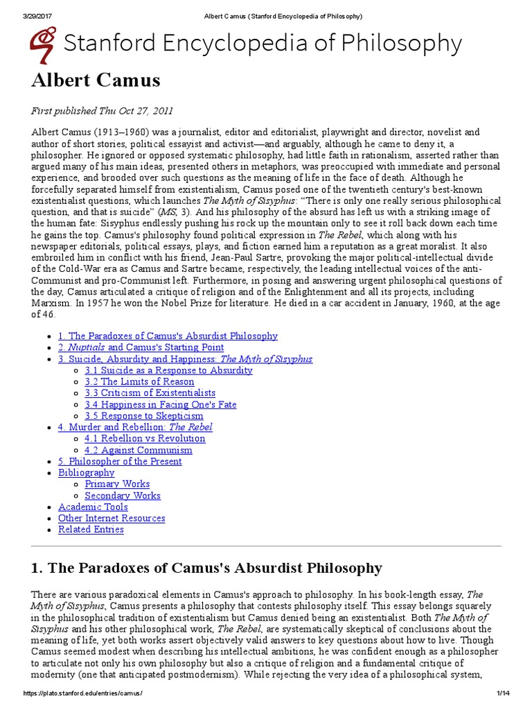 Albert Camus (Stanford Encyclopedia of Philosophy) | Existentialism ...