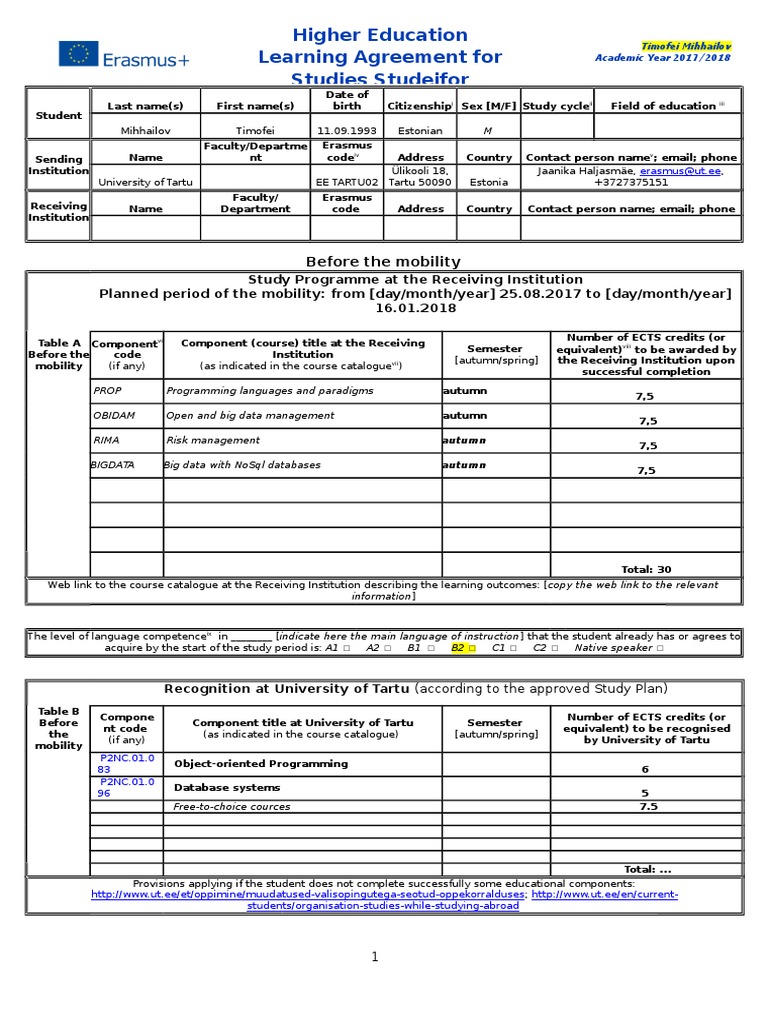 Higher Education Learning Agreement for Studies Studeifor