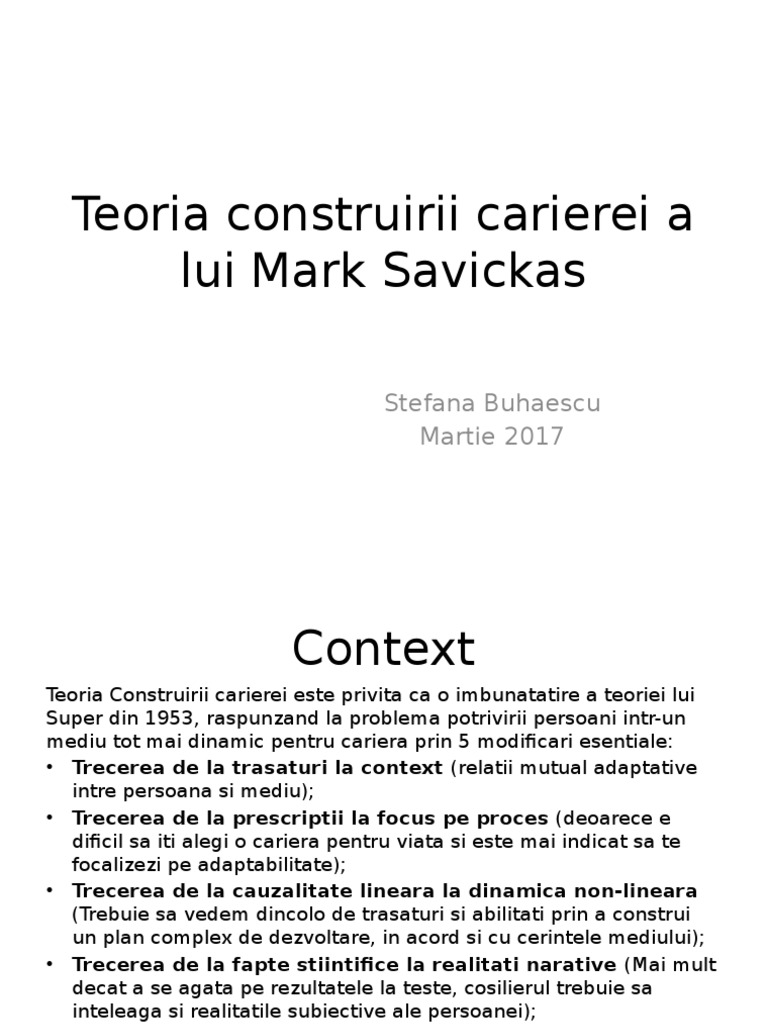 Teoria Construirii Carierei A Lui Mark Savickas | PDF