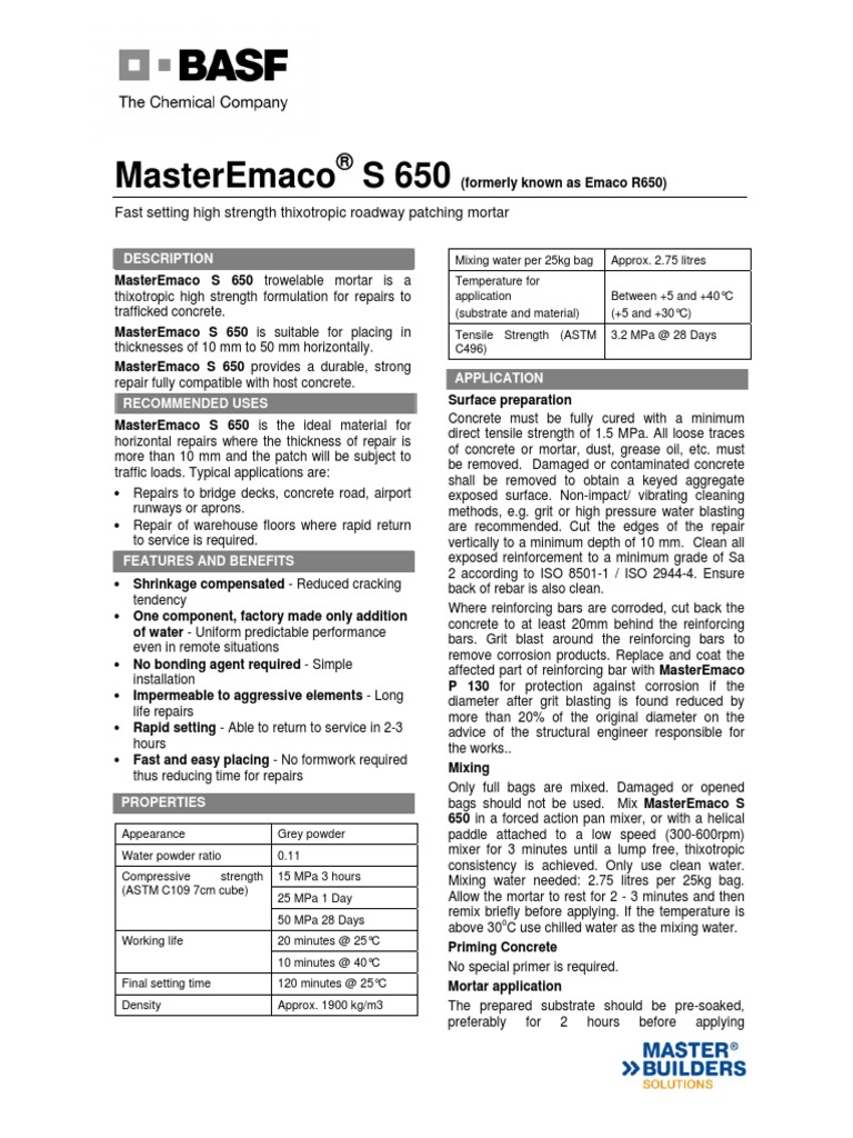 MasterEmaco - S650 v1 PDF | PDF | Concrete | Building Materials